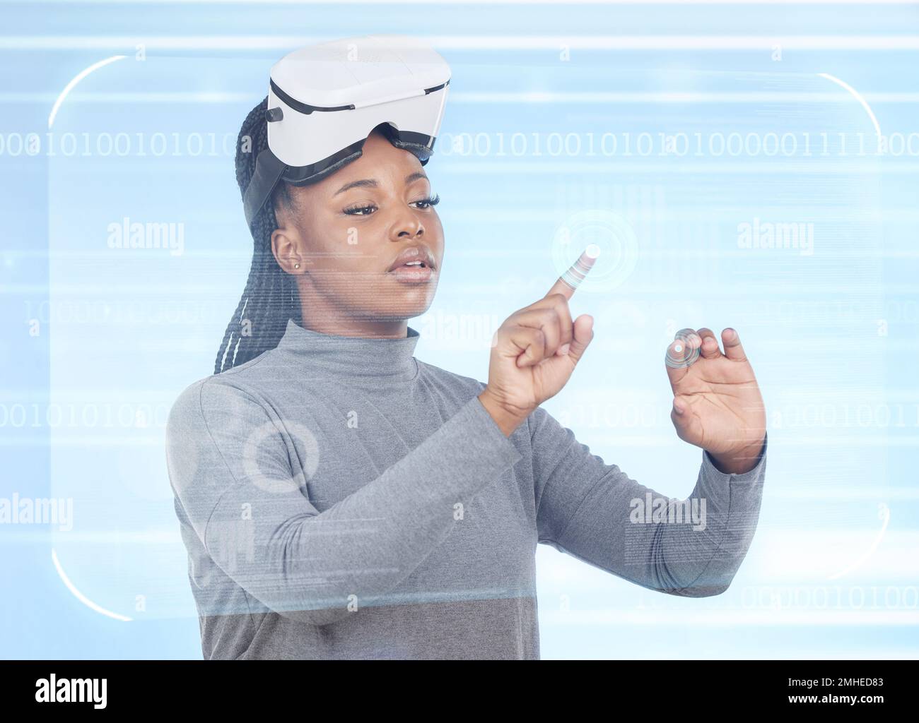 Vr, augmented reality and digital with black woman and 3d hologram for ...