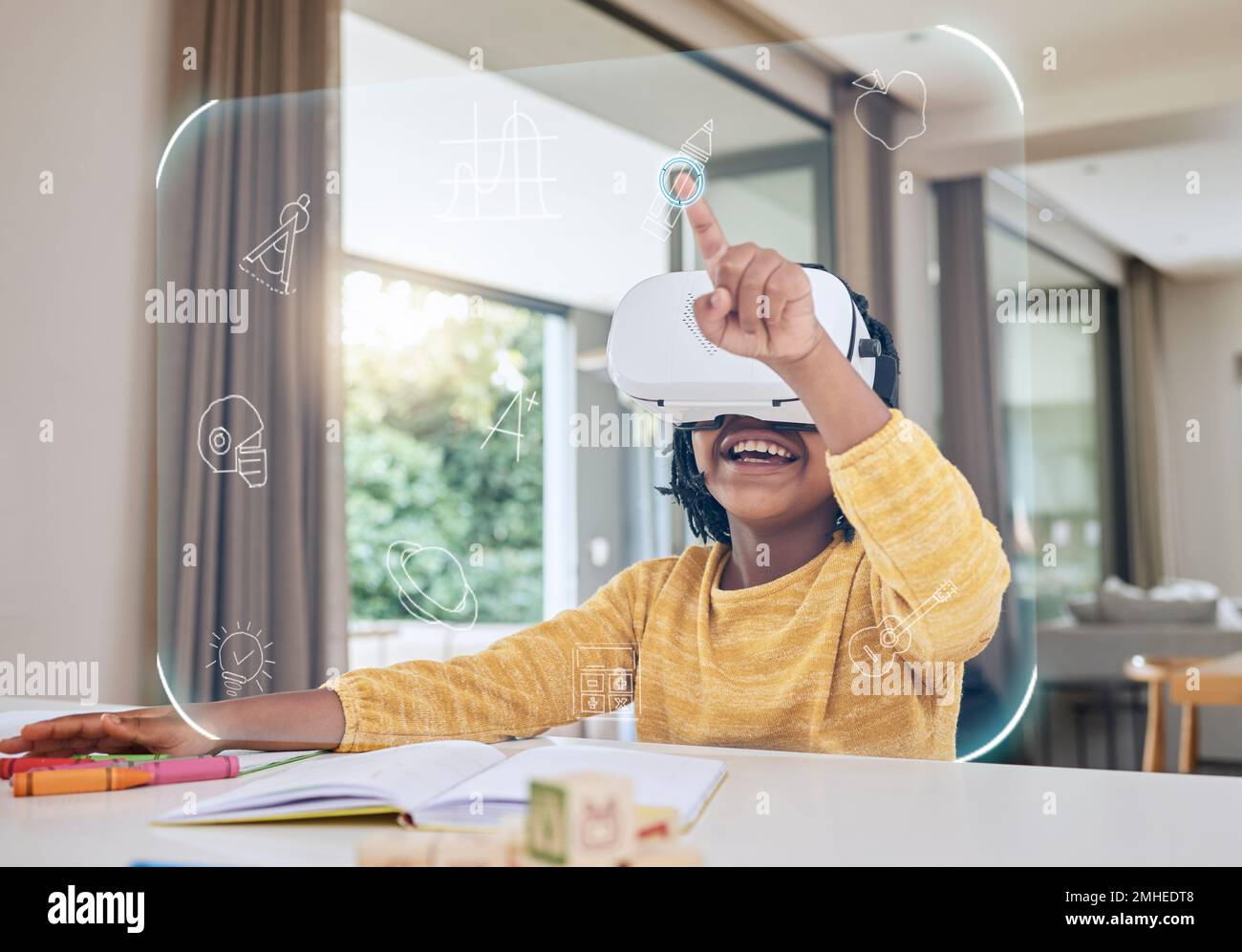 African girl child, vr learning and home with 3d overlay, hand and ...