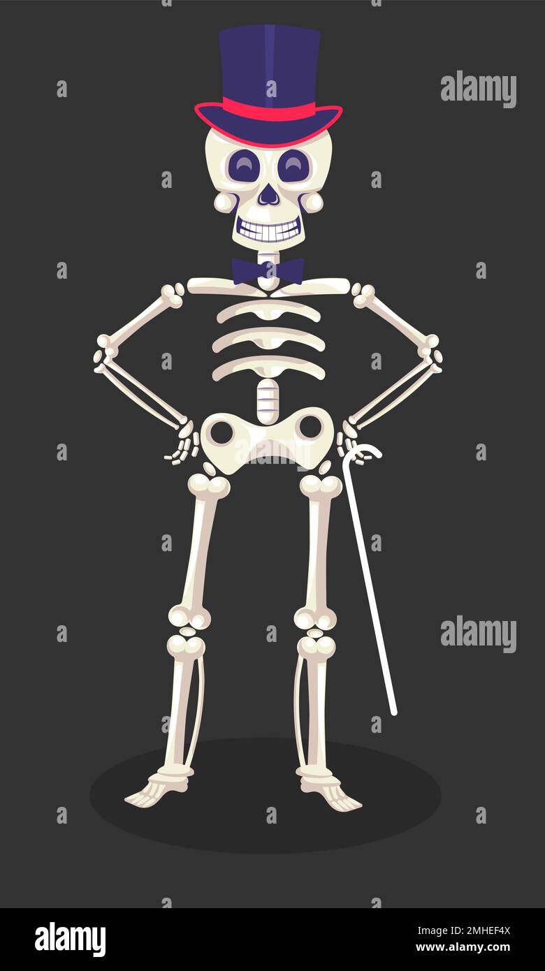 Mexican skeleton in tall hat with cane, Dia de Los Muertos Stock Vector ...