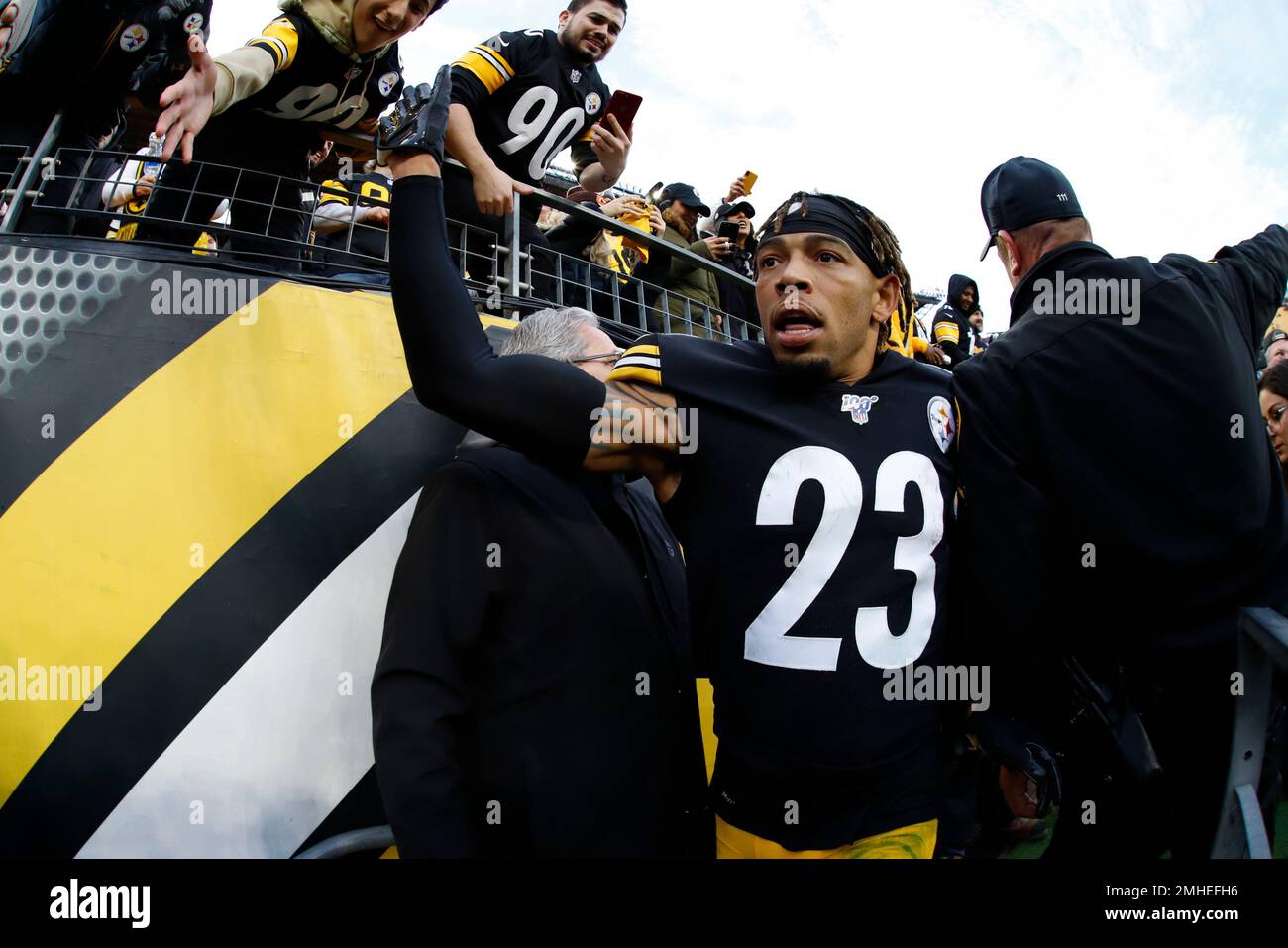 Pittsburgh Steelers cornerback Joe Haden (23) celebrates as he heads to ...