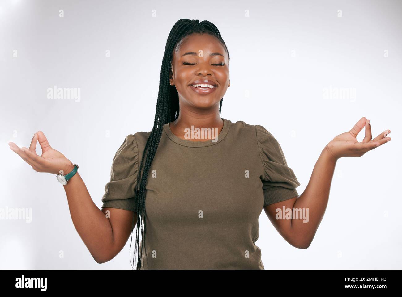 Meditation, black woman and peace in studio, smile and gratitude of ...