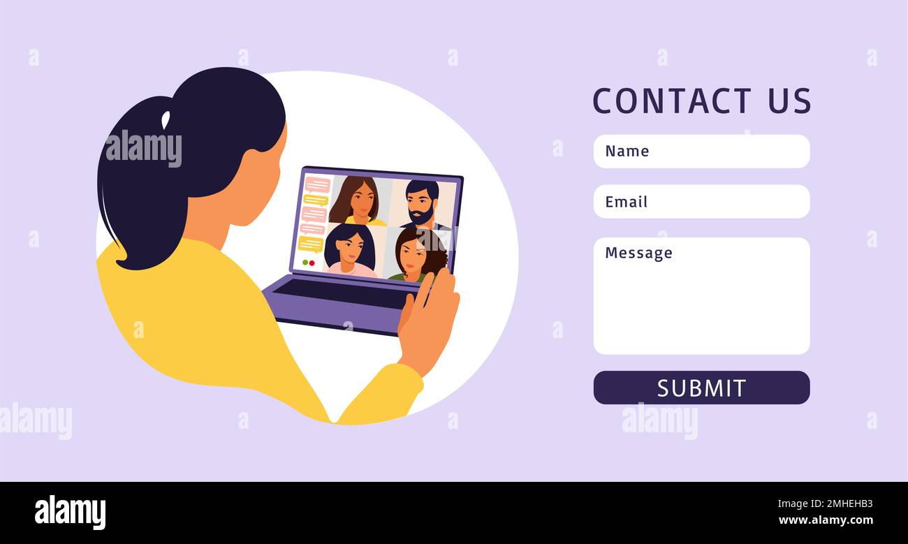 Contact us form template for web. Woman using computer for collective ...
