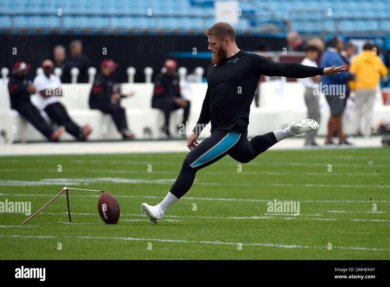 Carolina Panthers kicker Joey Slye kicks during warmups prior to an NFL ...