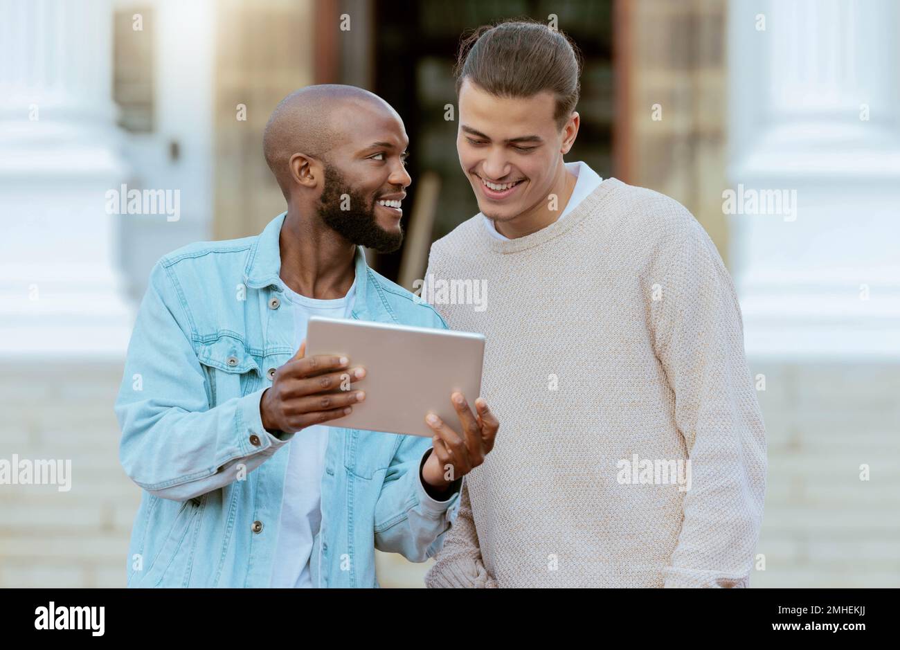 Tablet, university and students with study teamwork, planning and ...