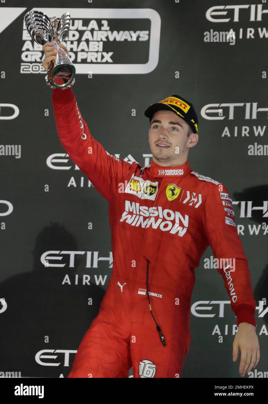 Second place Ferrari driver Charles Leclerc of Monaco celebrates on the ...