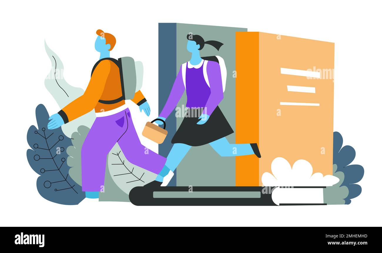 Children hurrying to school, education and knowledge, books Stock ...