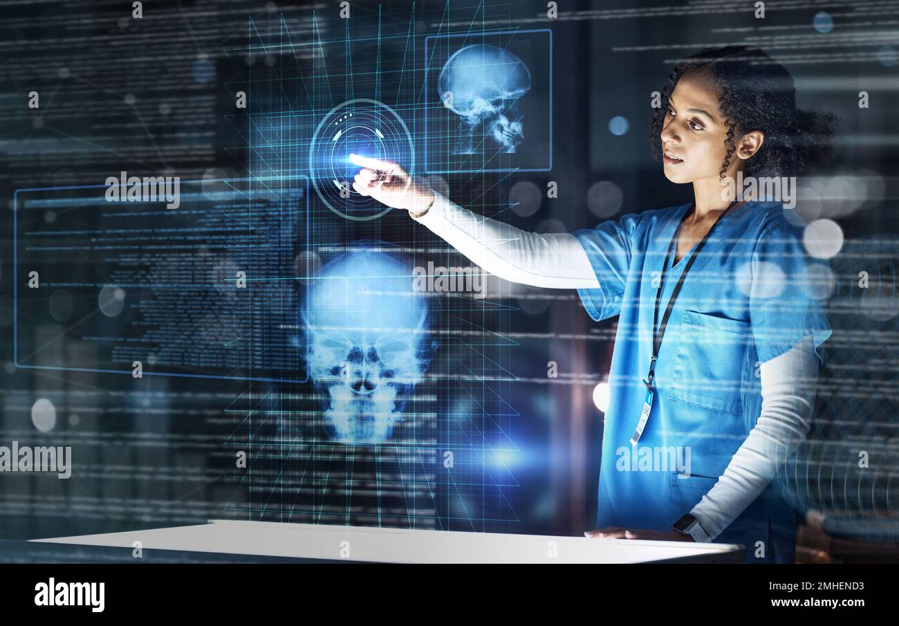 Doctor, hologram and futuristic technology at night for healthcare ...