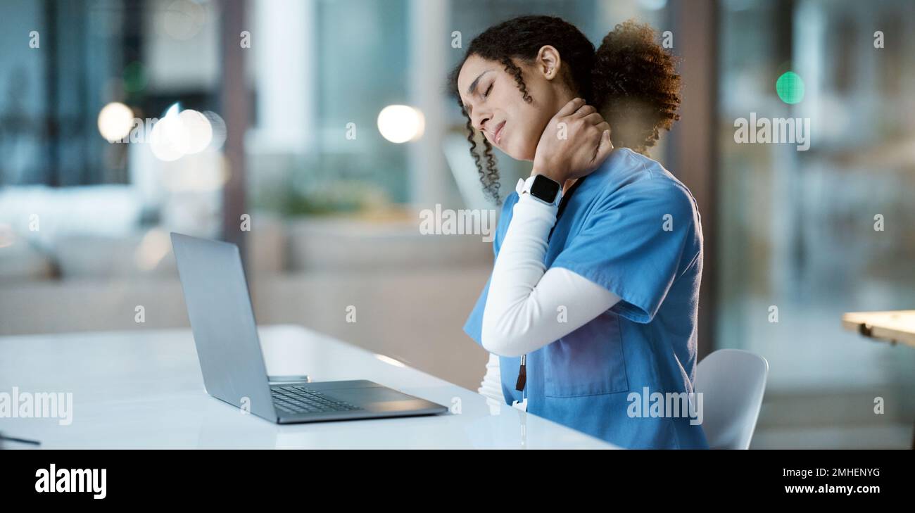 Healthcare, black woman and doctor with neck pain, burnout or ...