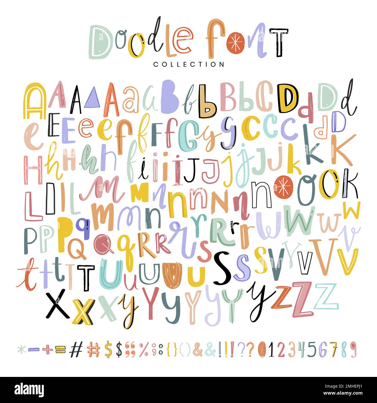 Alphabets, punctuations and numbers doodle fonts vector set Stock ...