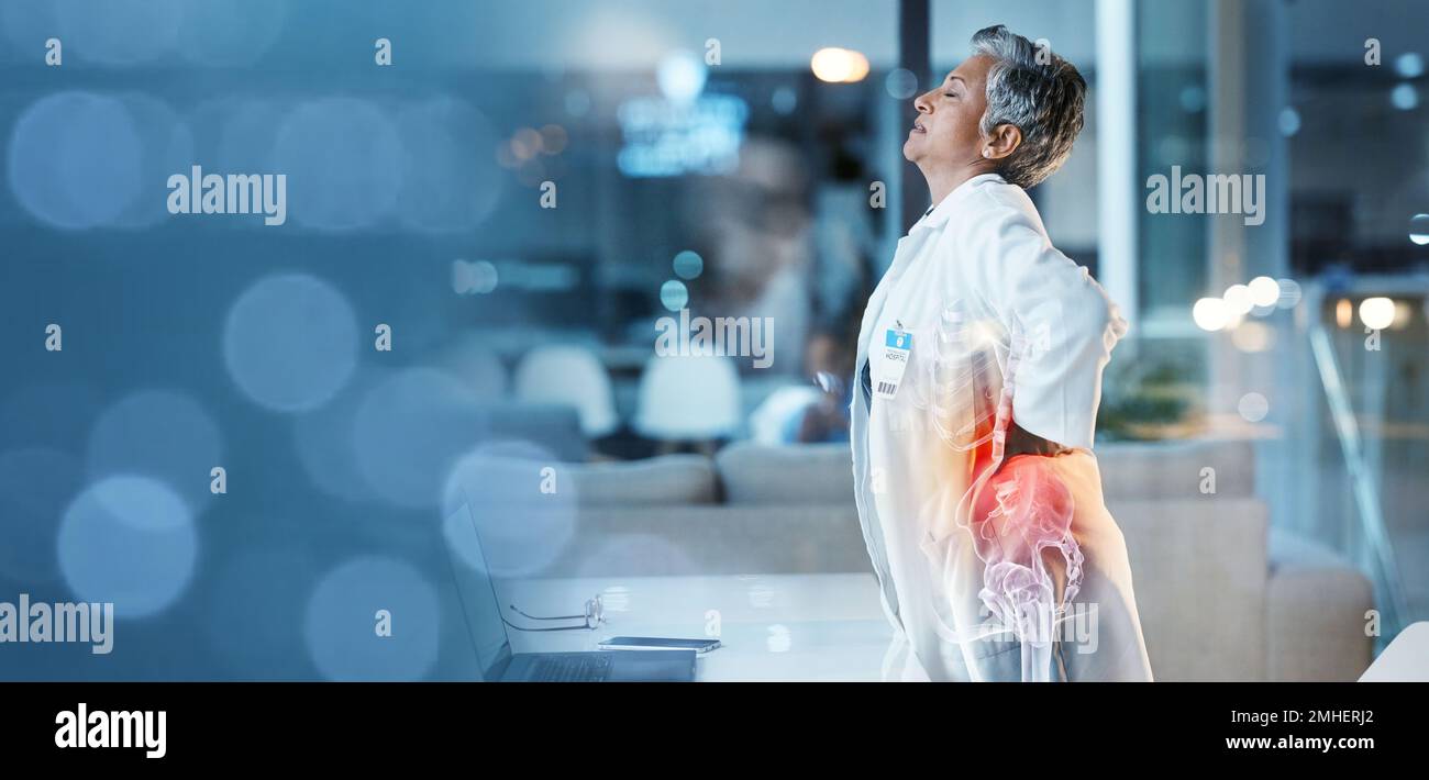 Elderly woman, doctor with back pain, spine injury with anatomy red ...