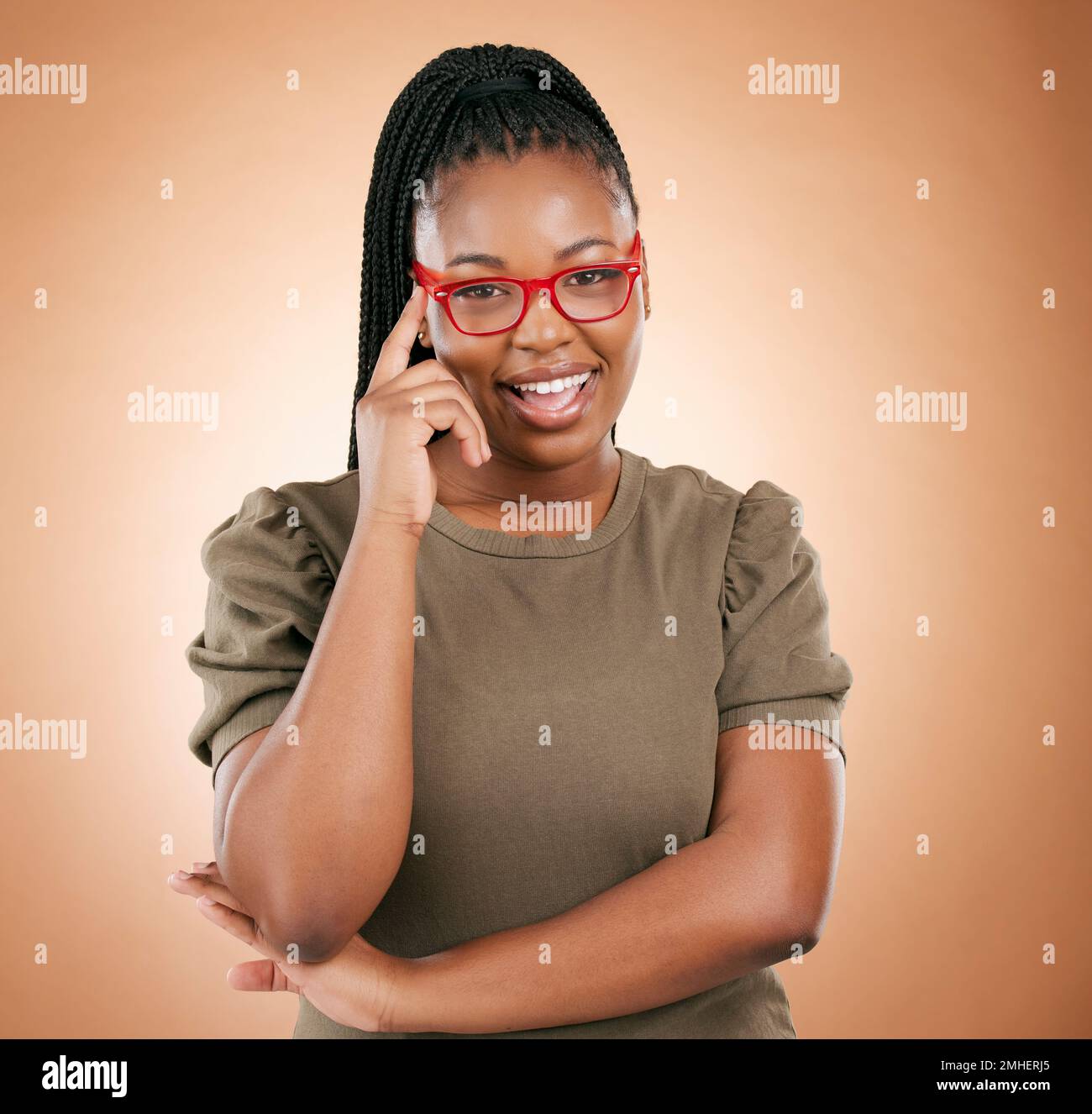 Portrait, glasses or black woman with smile, leadership or confident ...