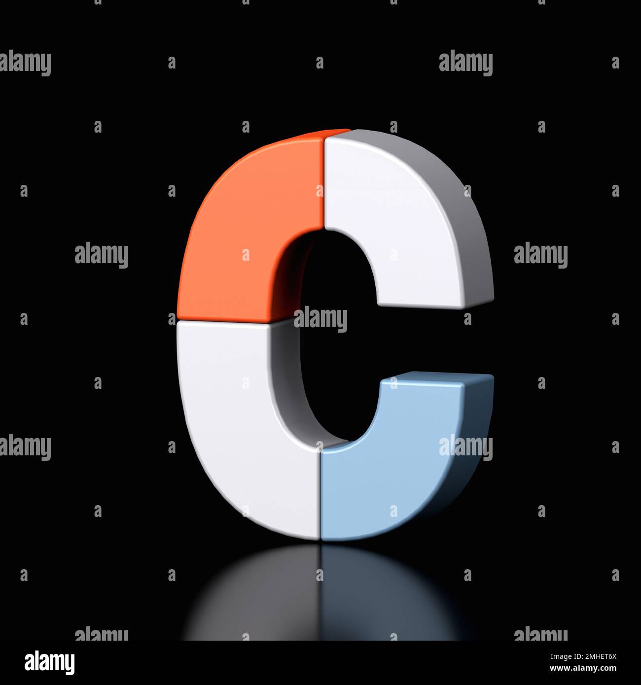 3d letter C plastic orange and blue from alphabet isolated in a black ...