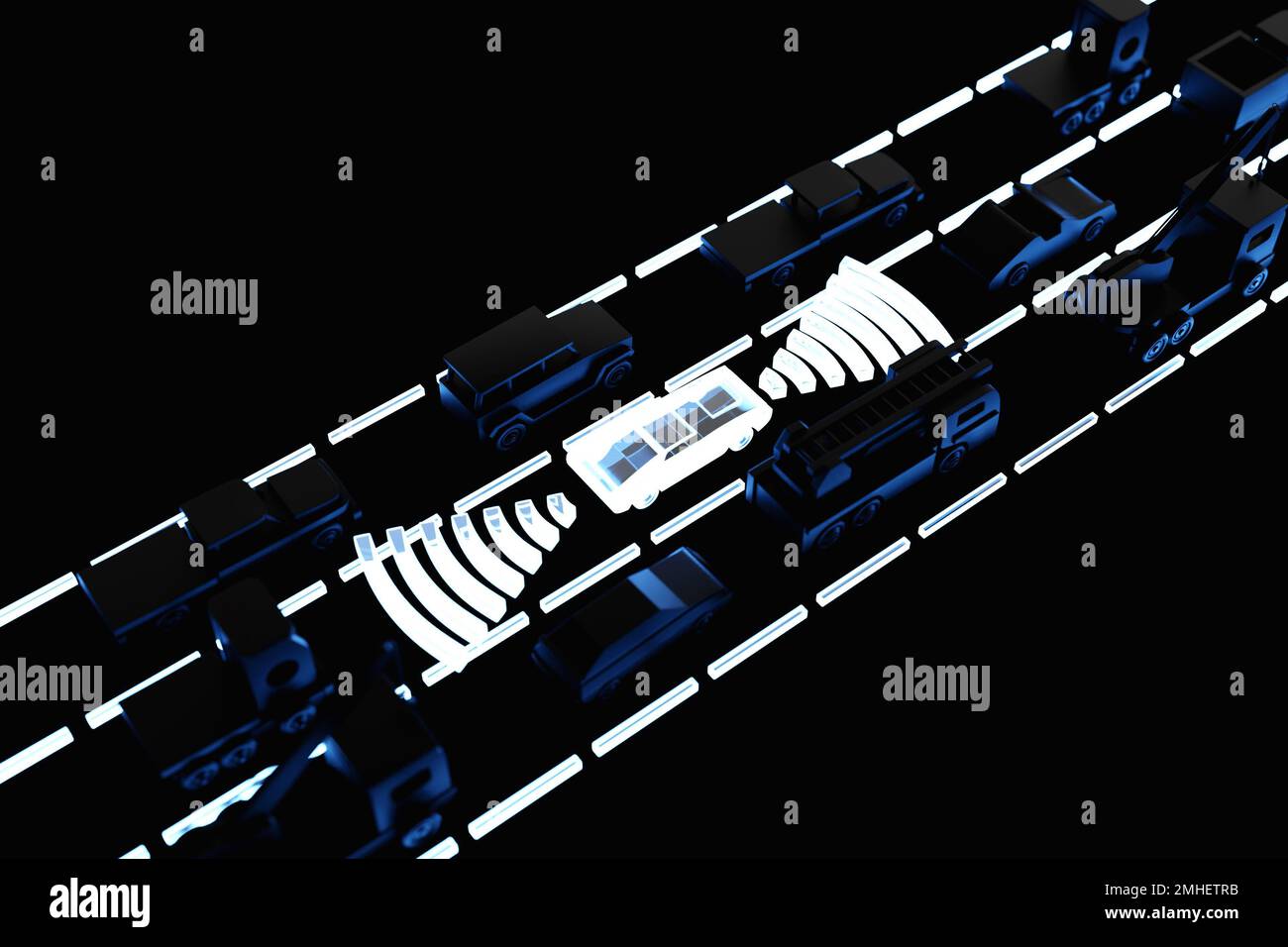 3d illustration car with safe distance with auto flow. The concept of a ...