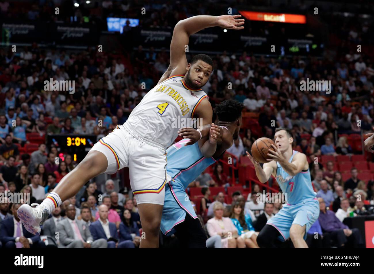 Golden State Warriors forward Omari Spellman (4) loses a rebound to ...