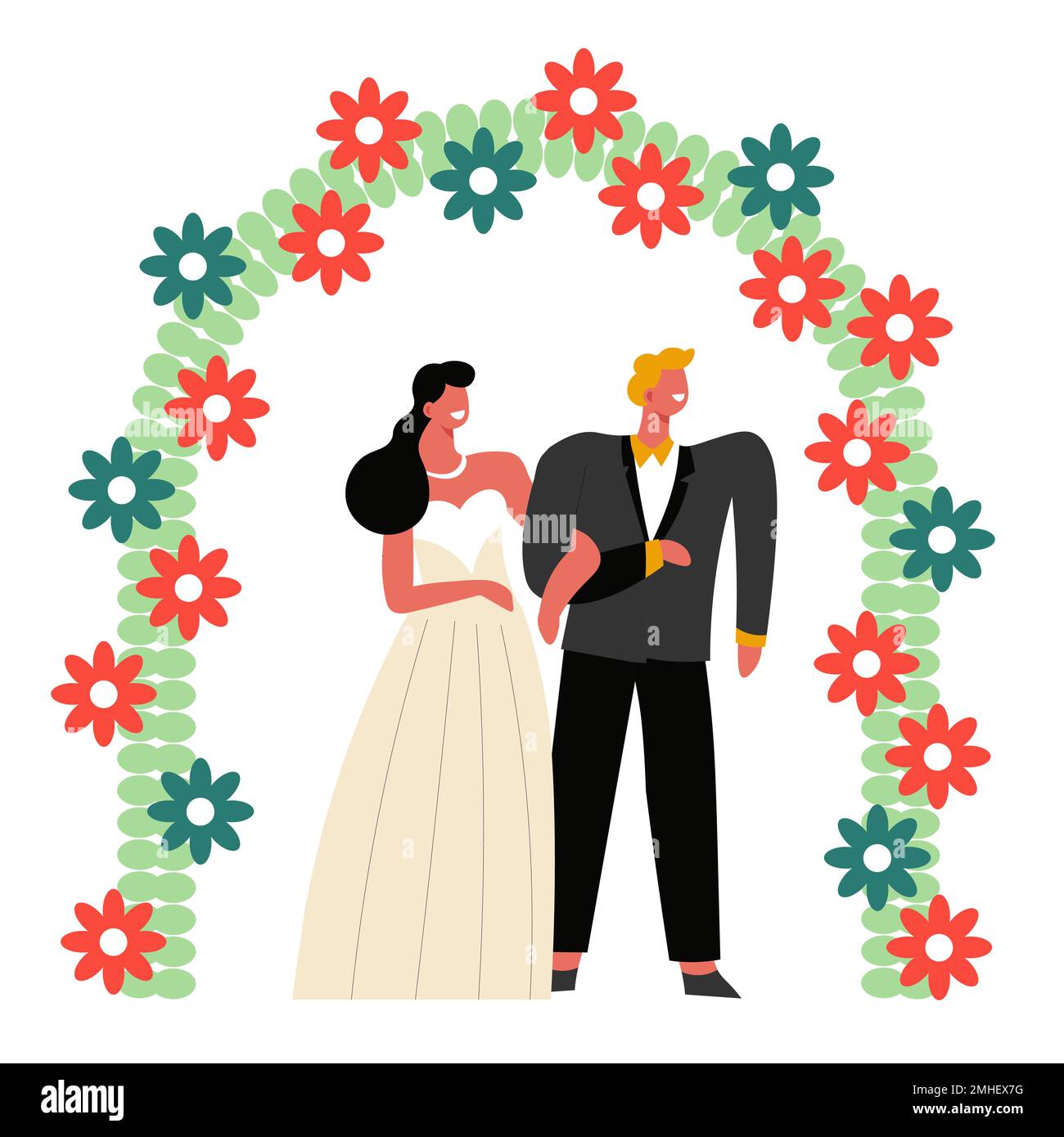 Wedding day, bride and groom under flower arch isolated characters ...