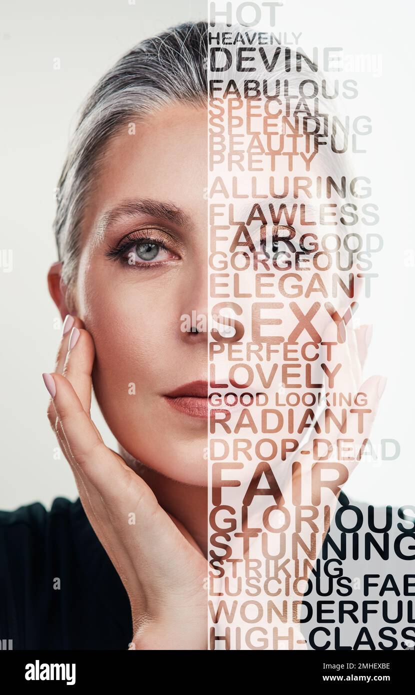 Senior woman, elegant and portrait in text, collage or letters of ...