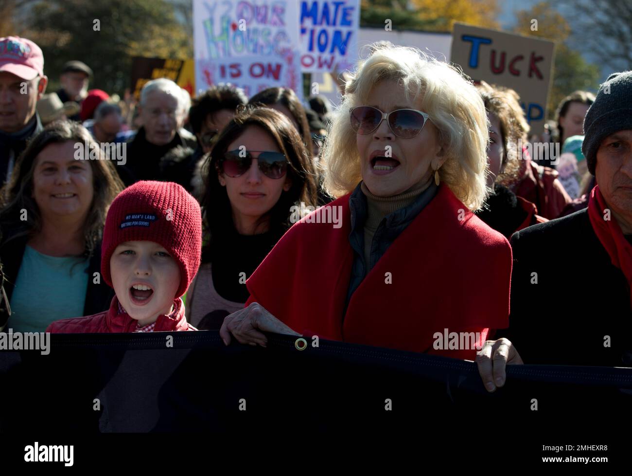 Actress and activist Jane Fonda accompanied by Iain Armitage, an 11 ...