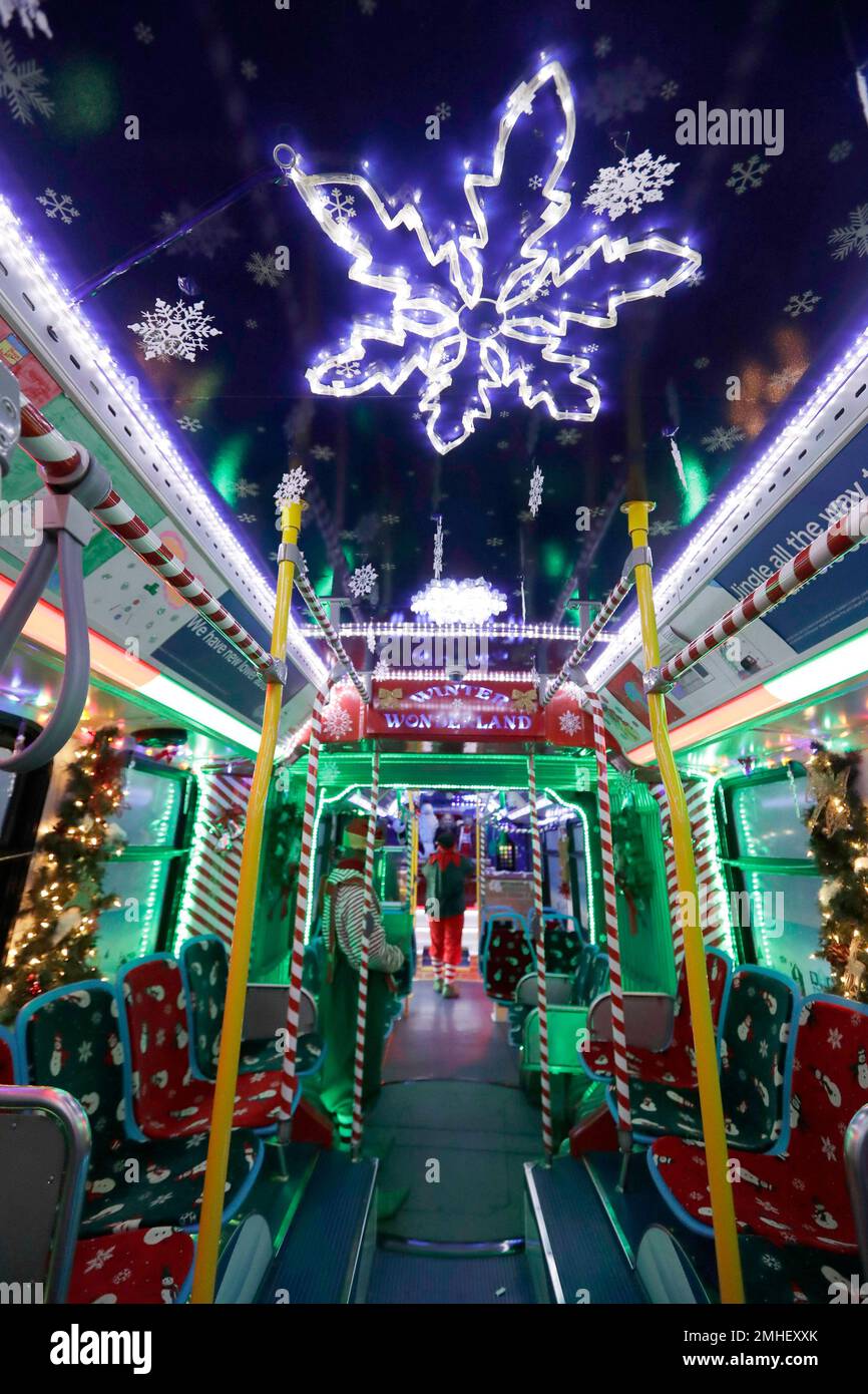 View of interior from a CTA Holiday bus at a bus stop in Skokie, Ill ...