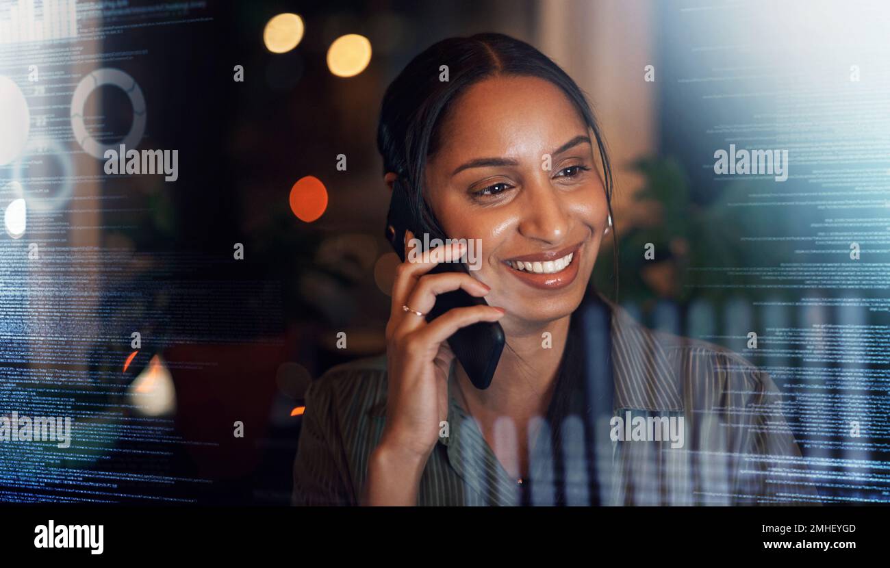 Digital, overlay or black woman with phone call for communication, networking or contact us at ...