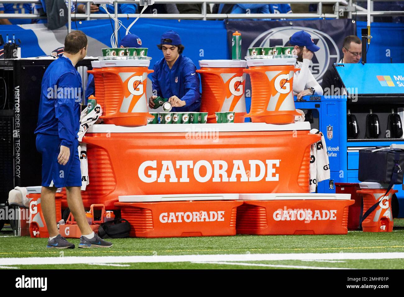 Gatorade coolers on the sideline during an NFL football game in Detroit ...