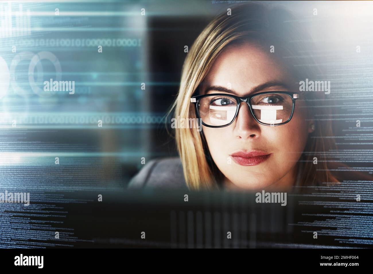 Hologram, crypto overlay and futuristic data with a business woman thinking about 3d networking ...