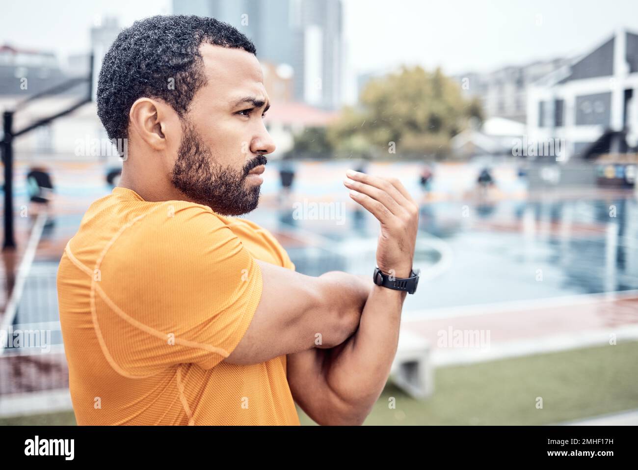 Exercise, black man and stretching outdoor, focus and workout for ...