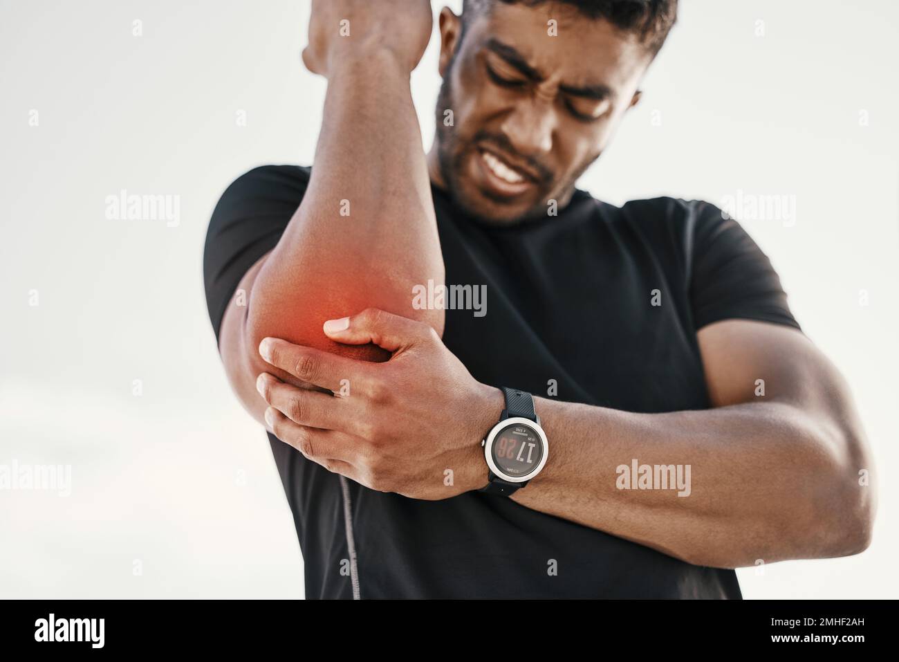 Elbow injury, fitness and man with pain while training, sports ...
