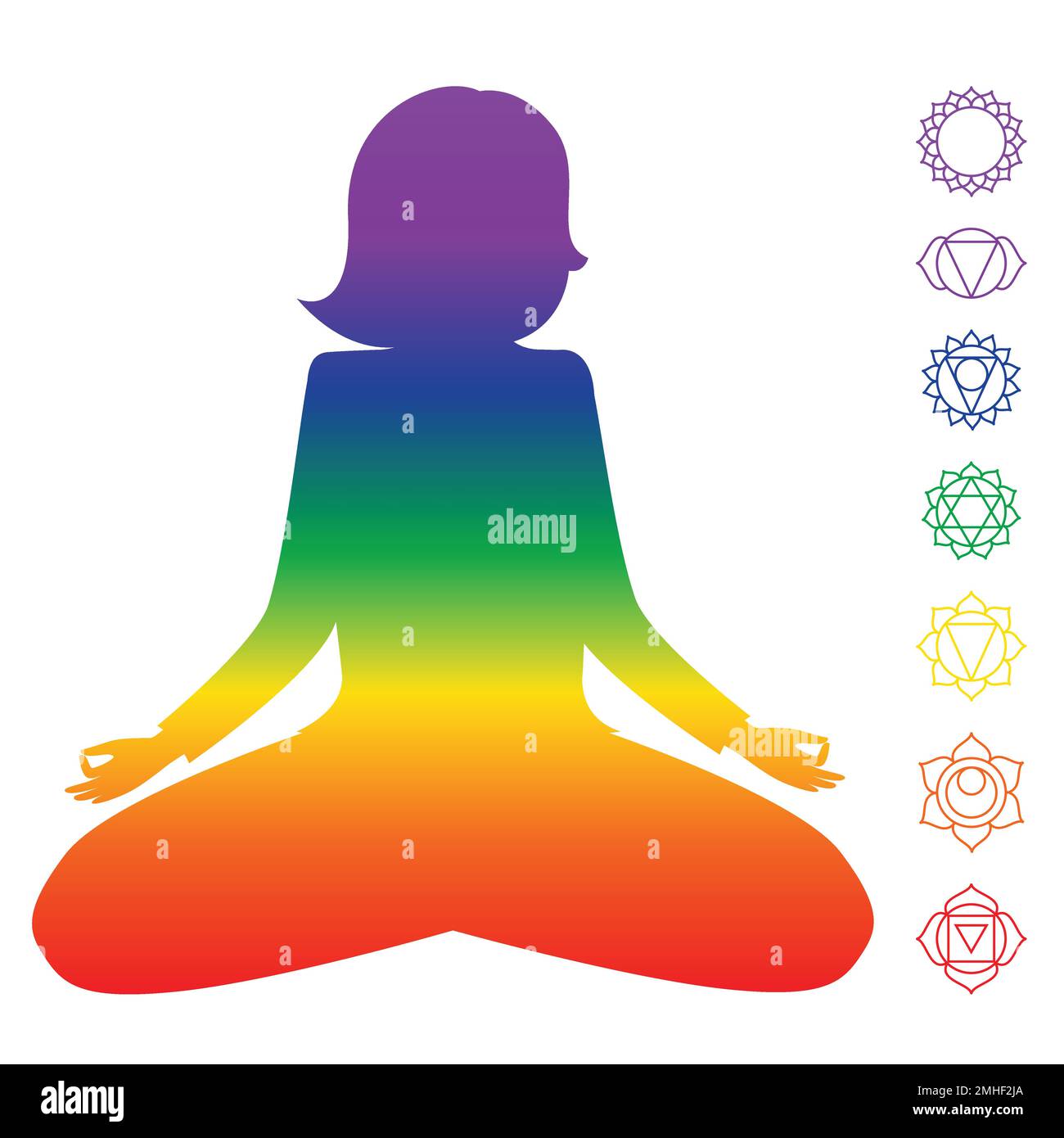 Woman in lotus position with chackra symbols next to her Stock Vector ...