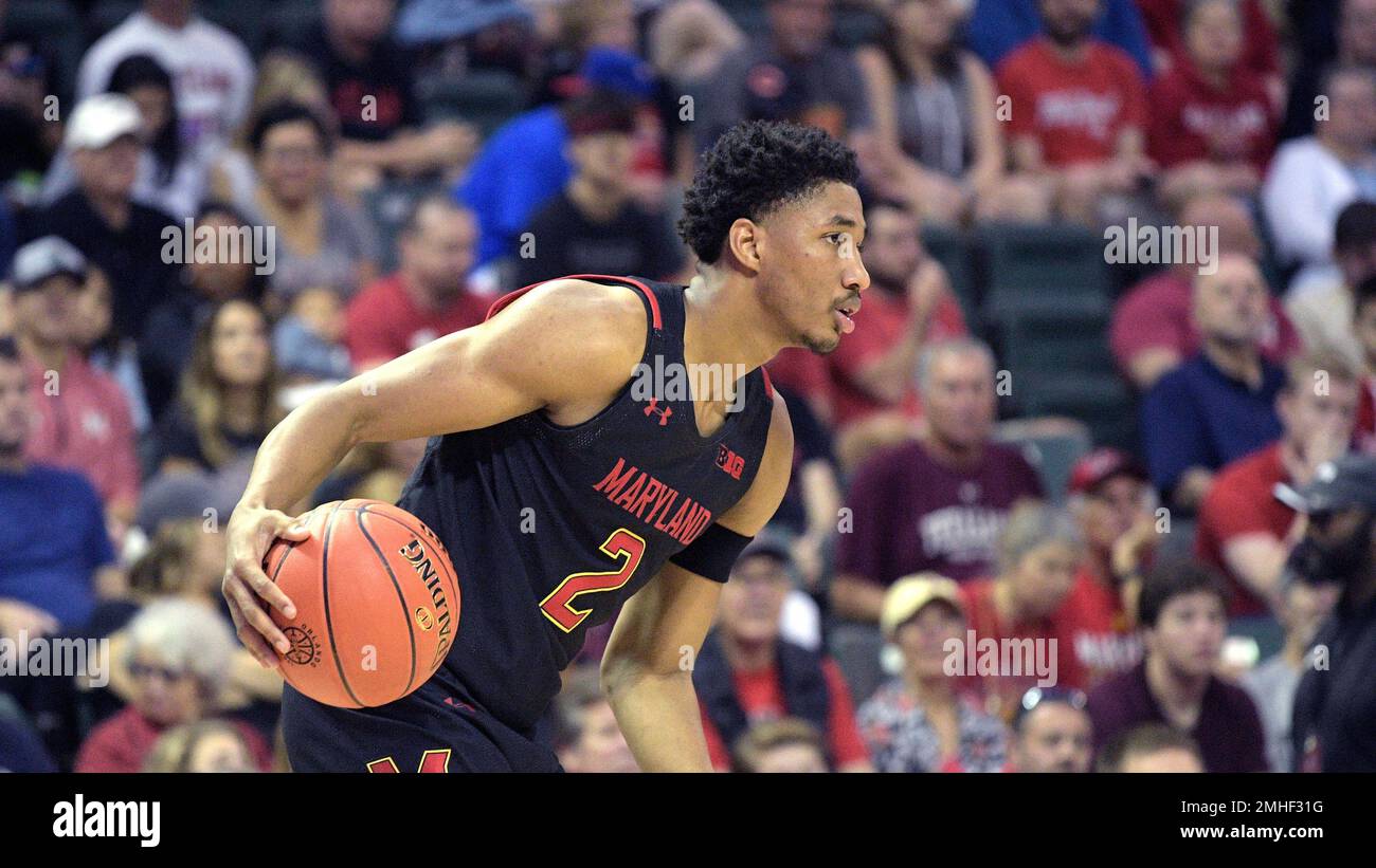 Maryland guard Aaron Wiggins (2) pushes the ball up the court during ...