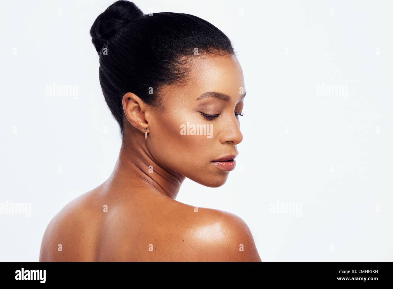 Beauty, skincare and back of black woman in studio for wellness, healthy body and dermatology ...