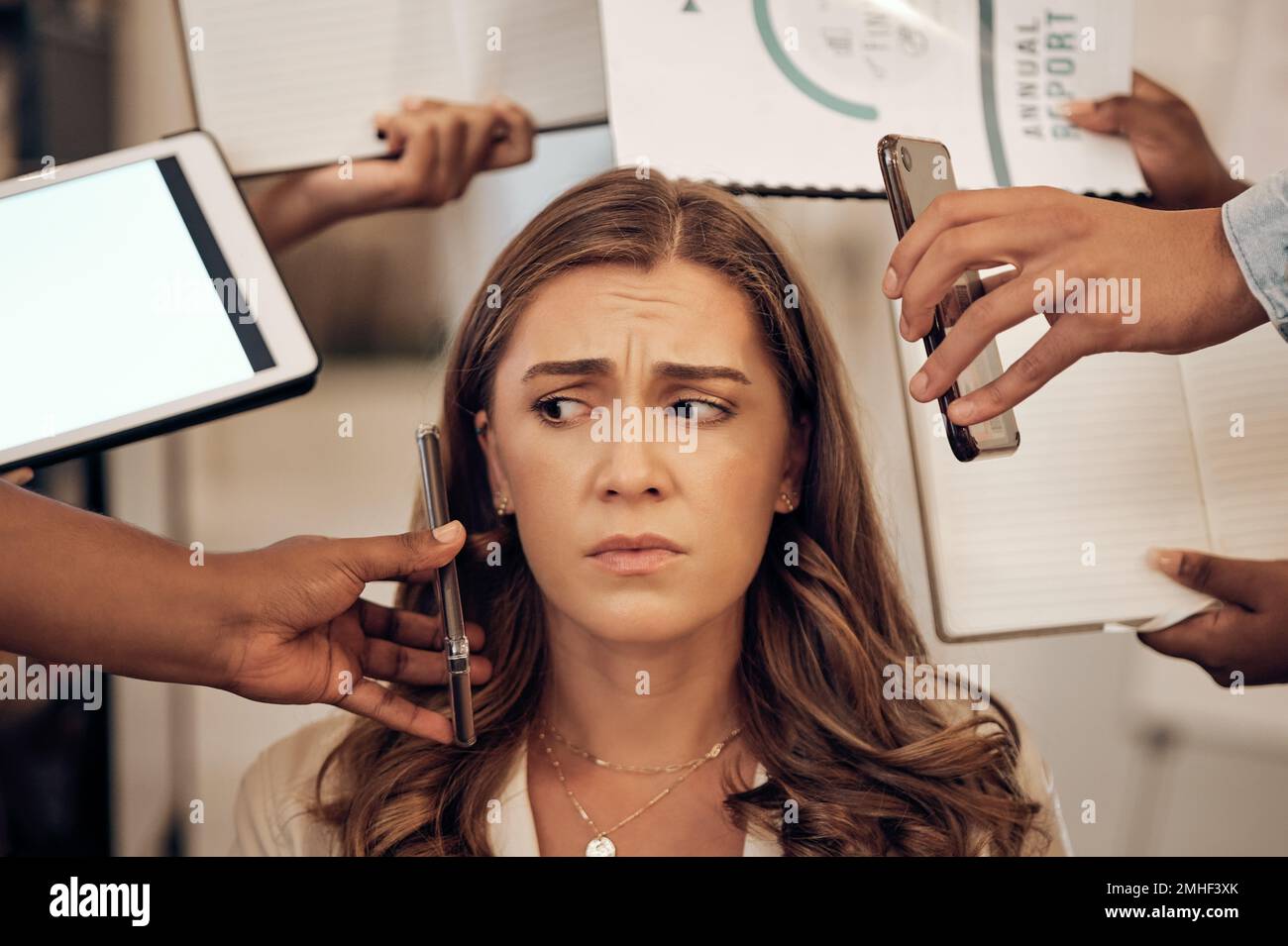 Business, woman and stress with multitasking, burnout and overworked ...