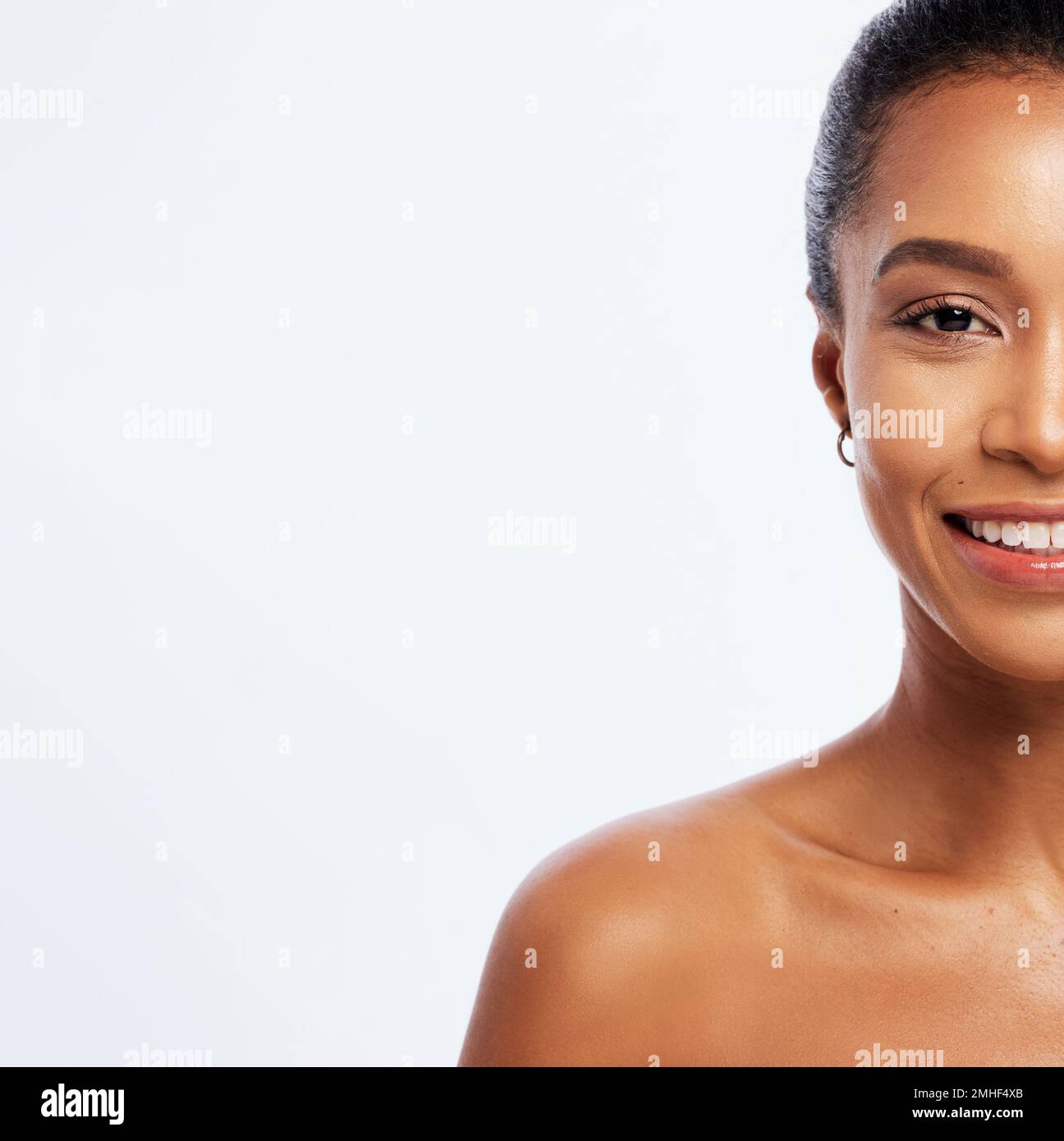 Black woman, half face and beauty portrait in studio, isolated white ...
