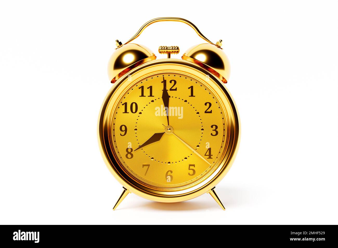 3d illustration golden realistic wake up alarm clock on white isolated ...