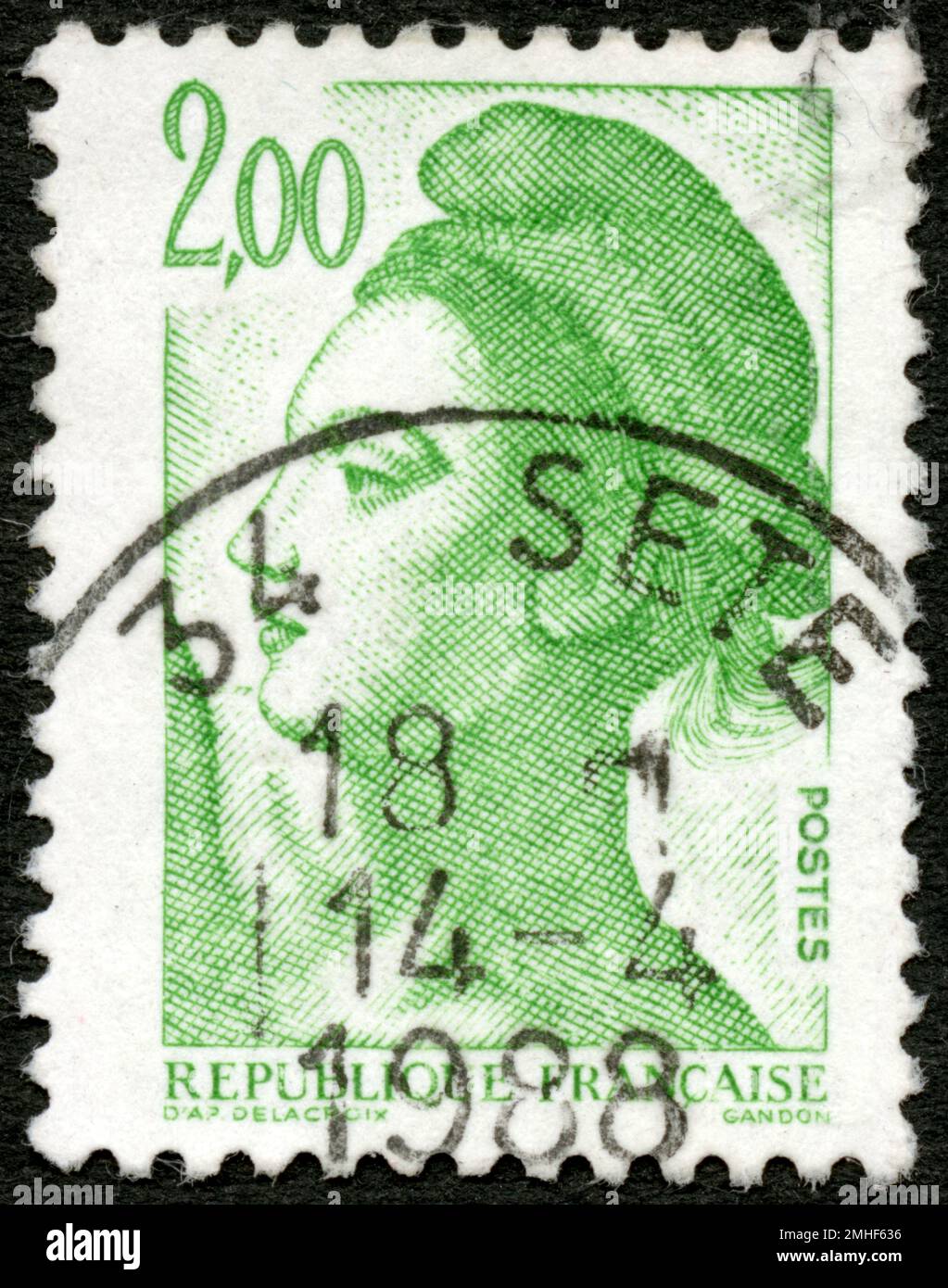 TIMBRE OBLITÉRÉ SABINE VERTE. POSTES. RÉPUBLIQUE FRANÇAISE. 2,00 Stock ...