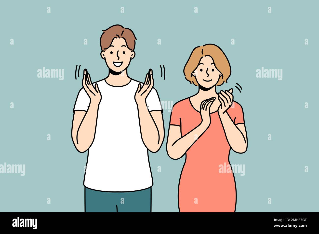Smiling people clap hands meet welcome someone. Happy man and woman applaud show appreciation ...