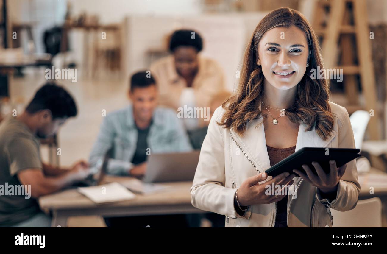 Business woman, tablet and portrait of a digital developer professional ...