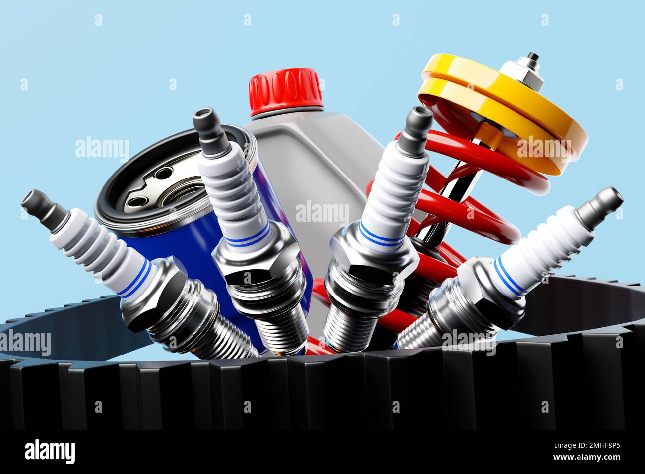 3d illustration of auto parts car spark plugs, shock absorber, oil ...