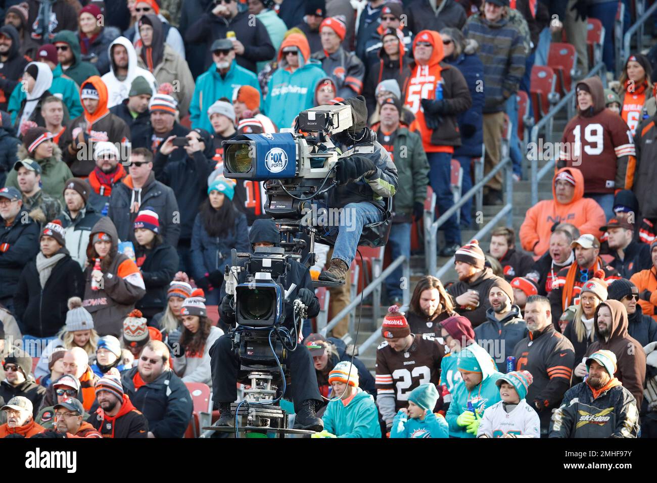 Fox television cameraman work the Miami Dolphins at the Cleveland ...