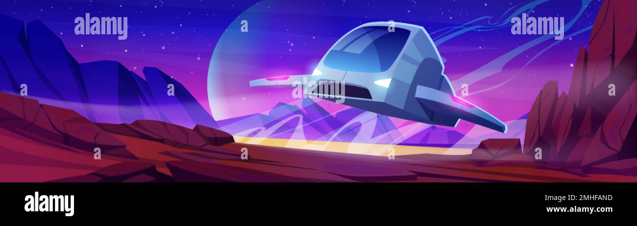 Futuristic spaceship landing at alien planet. Vector cartoon ...