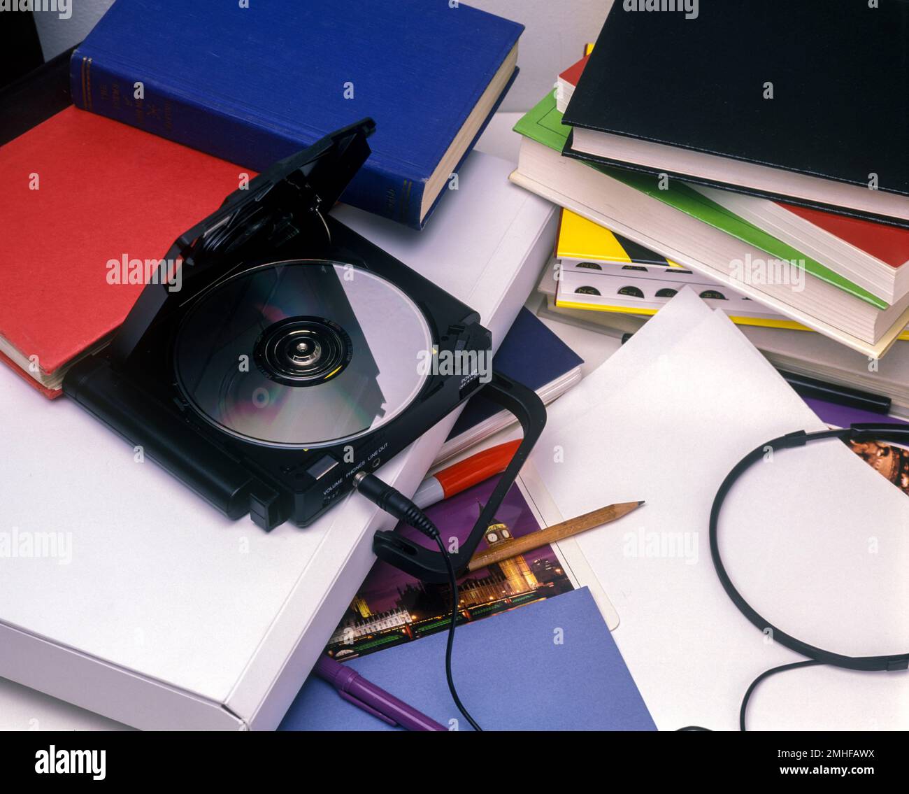 1990 HISTORICAL COMPACT DISC PLAYER WITH SCHOOL BOOKS & PAPERS Stock ...