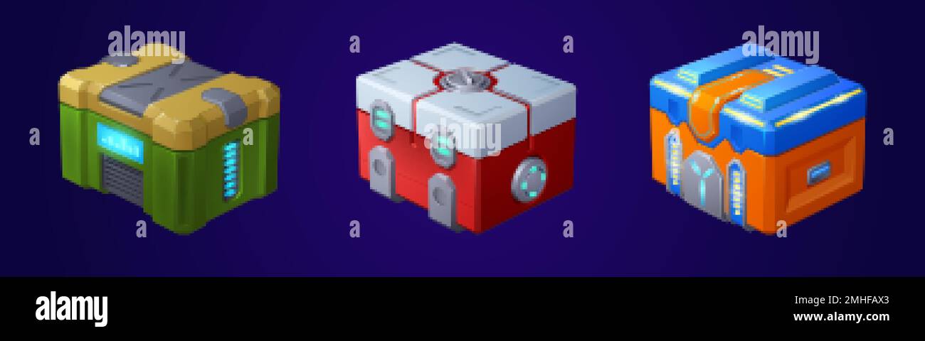 Game futuristic boxes, future technology chests. Icons of sci-fi ...
