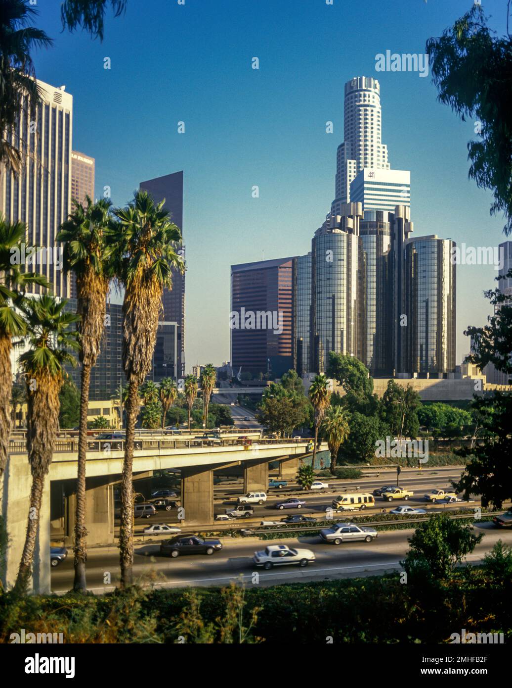 1990 HISTORICAL DOWNTOWN SKYLINE INTERSTATE 110 HARBOR FREEWAY LOS ...