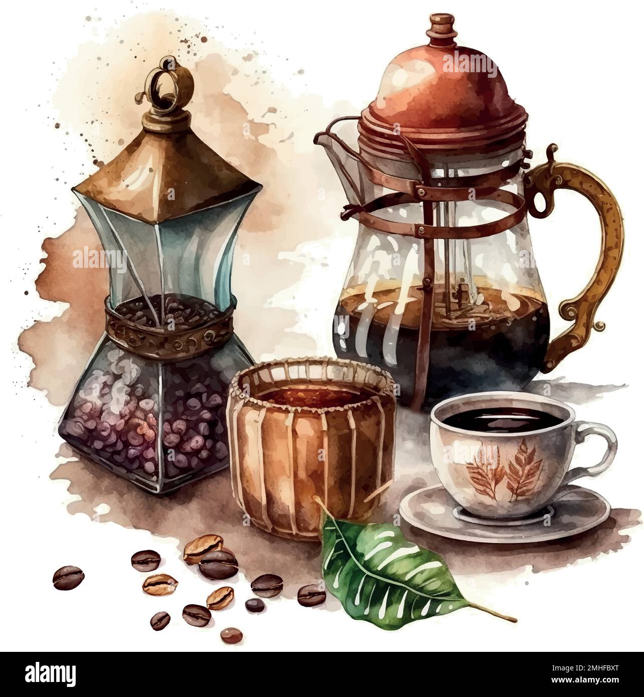 Set of watercolor painting craft package with coffee beans, coffee ...