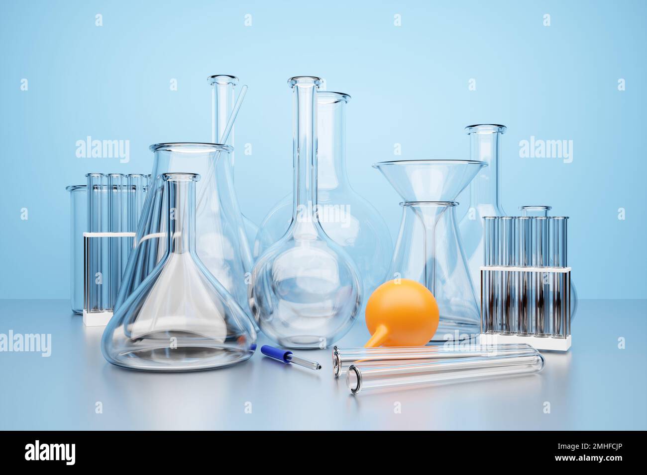 3d illustration of a set of laboratory instruments. Chemical laboratory ...