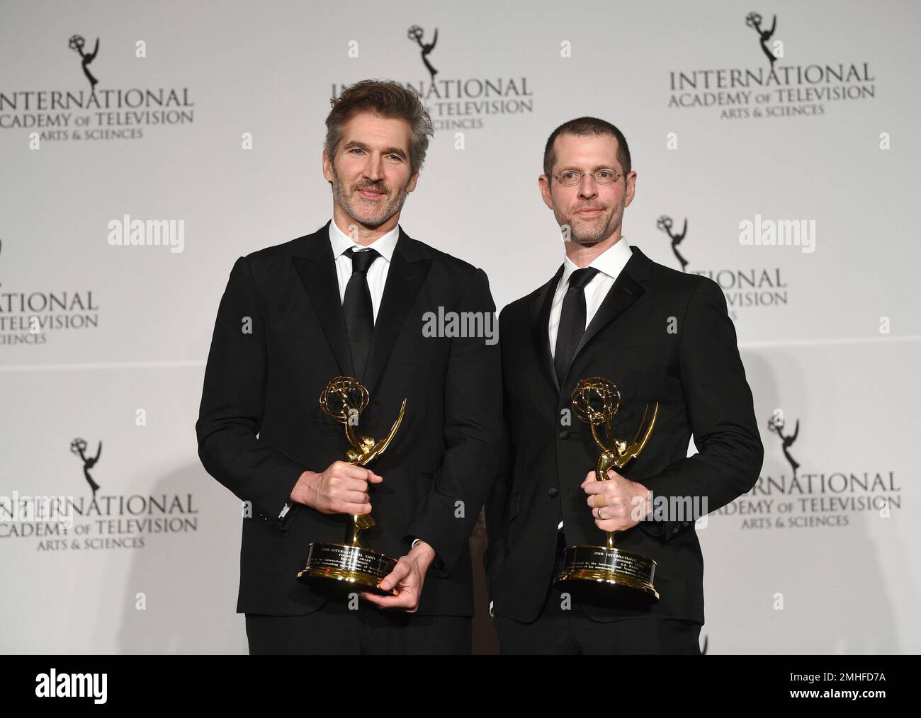 The founders award recipients David Benioff, left, and D.B. Weiss pose ...