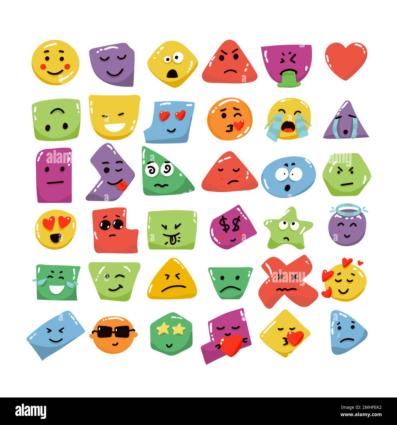 Geometric character shapes with face emotions, different cartoon basic ...