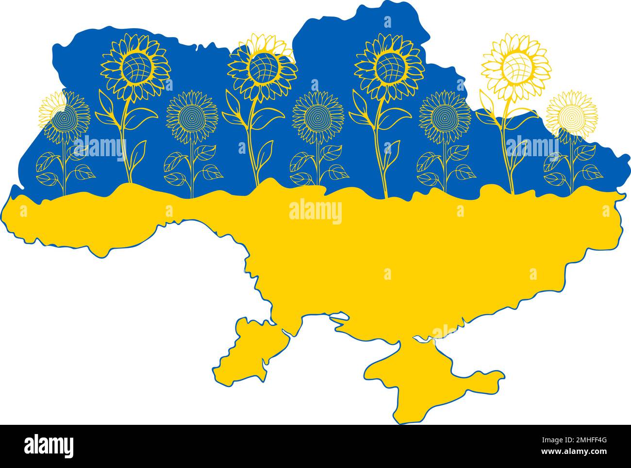 Map of Ukraine decorated with sunflowers in Ukrainian flag colors ...