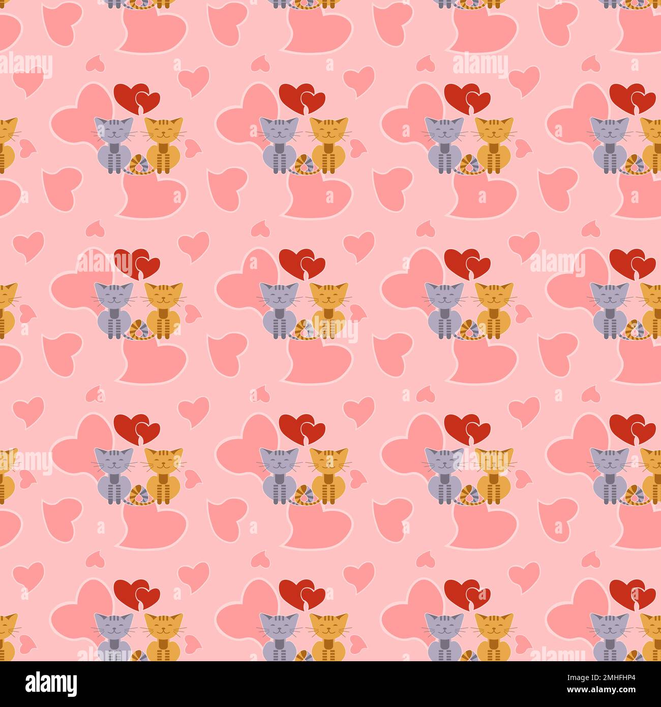Seamless pattern with cat couple and hearts on Valentines day greeting ...