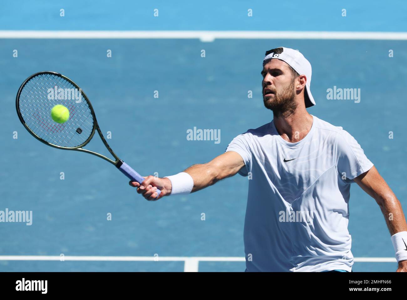 Melbourne, Australia. 27th Jan, 2023. 18th seed KAREN KHACHANOV of the ...