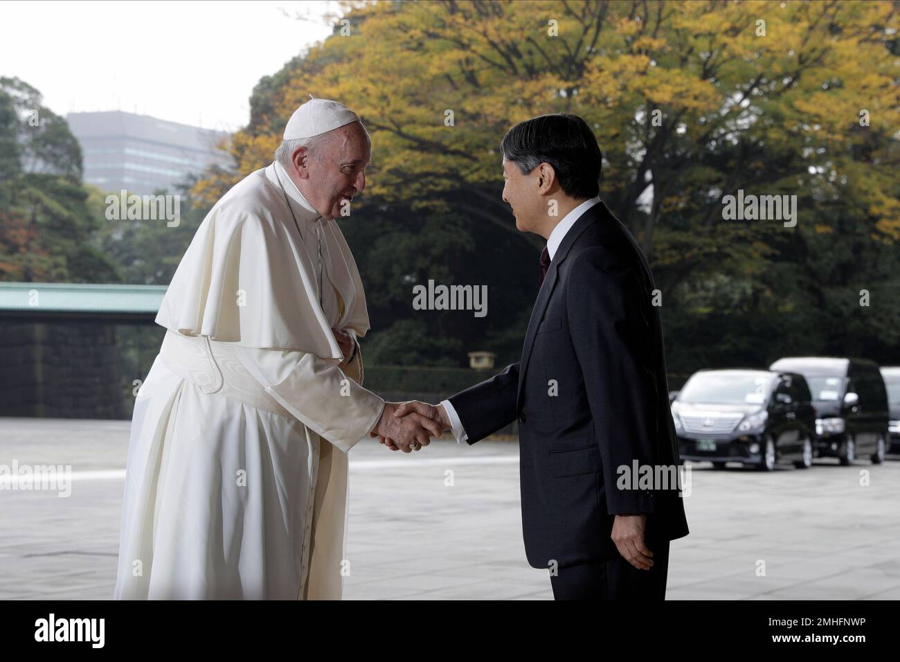 Pope Francis shake hands with Emperor Naruhito at the Imperial Palace ...